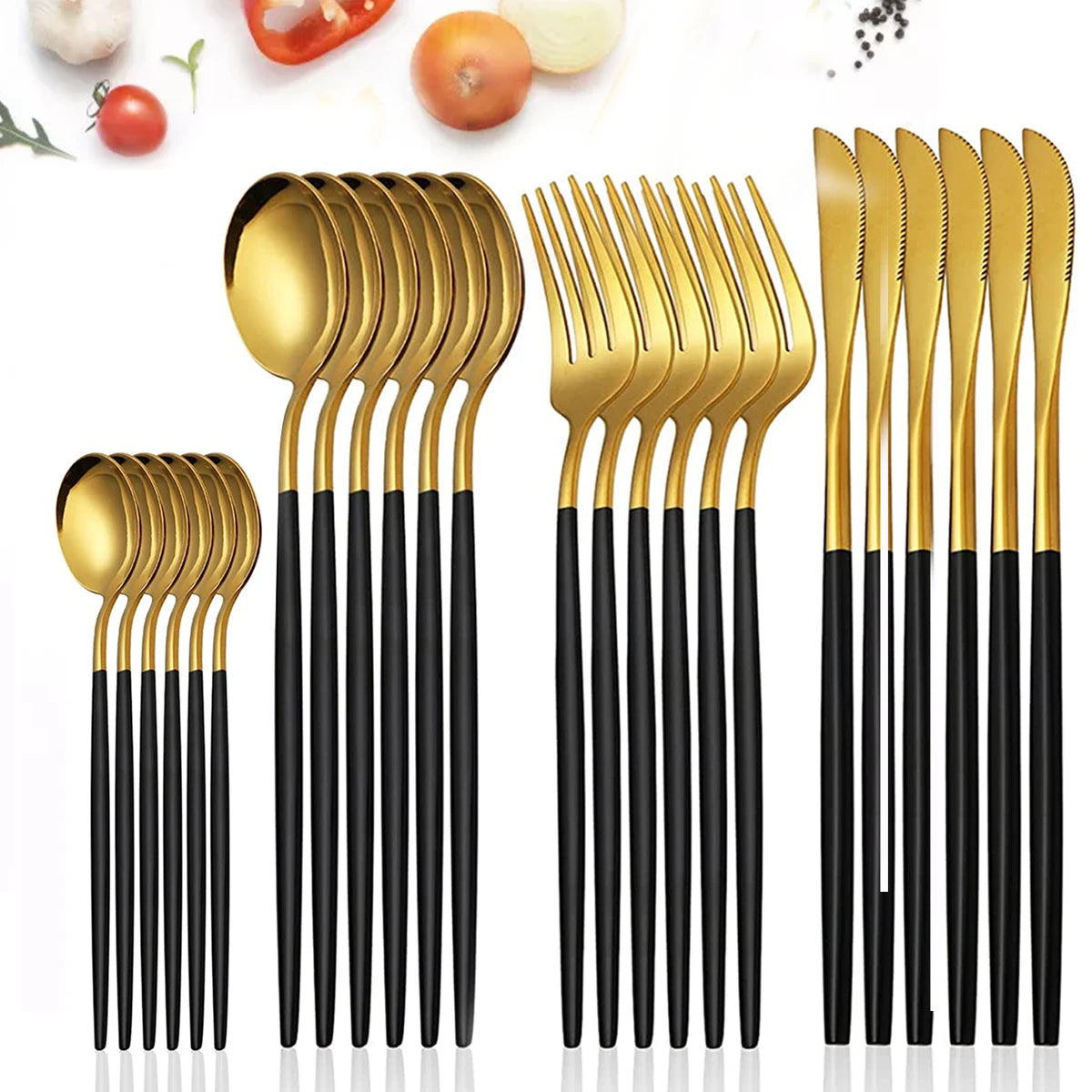 24Pcs Stainless Steel Dinnerware Set Black Gold Cutlery Spoon Fork Kni ...